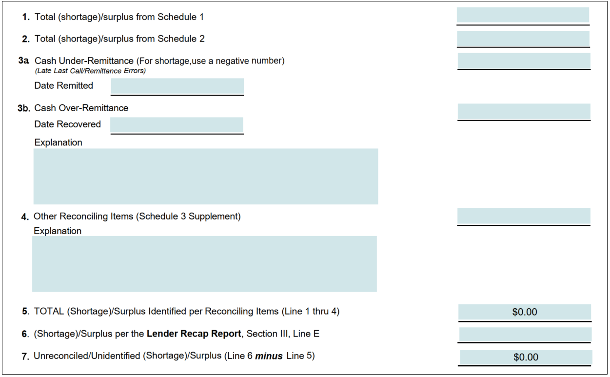Completing the Shortage/Surplus Reconciliation for Reporting Period - Schedule 3 (Form 472)